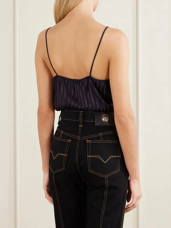 Versace Striped Lace-trimmed Silk-blend Bodysuit