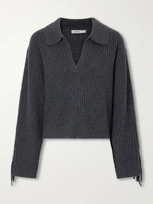 Simkhai Natalia Fringed Ribbed Wool And Recycled Cashmere-blend Polo Sweater - Gray