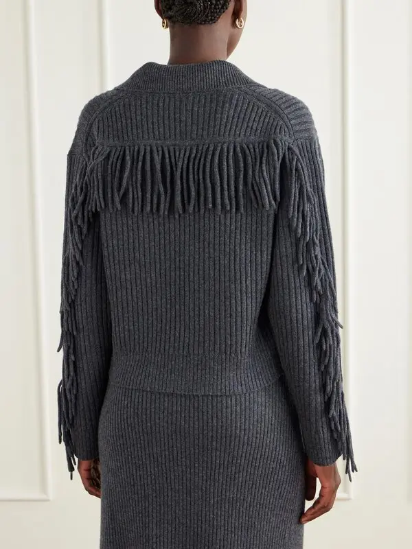 Simkhai Natalia Fringed Ribbed Wool And Recycled Cashmere-blend Polo Sweater - Gray