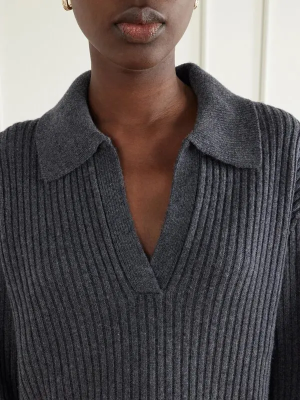 Simkhai Natalia Fringed Ribbed Wool And Recycled Cashmere-blend Polo Sweater - Gray
