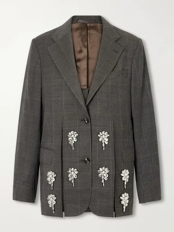 Simone Rocha Embellished Prince Of Wales Stretch-wool Blazer - Gray
