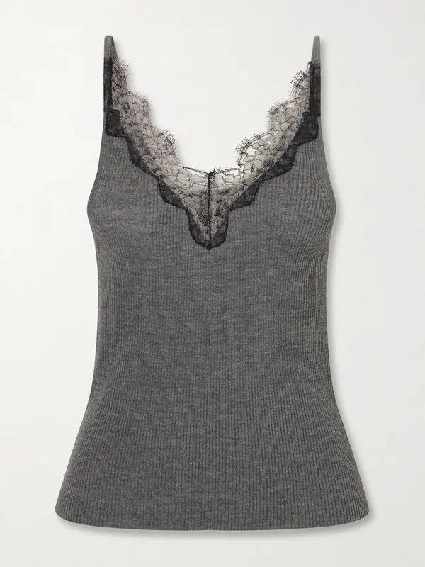 NILI LOTAN Aronia Lace-trimmed Ribbed Silk-jersey Tank - Gray