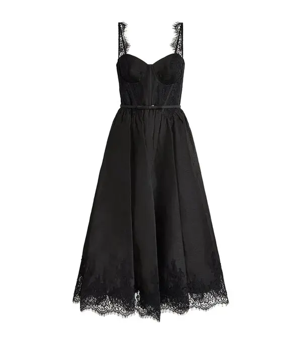 Zimmermann Linen-silk Lace-trim Valiant Midi Dress - Black