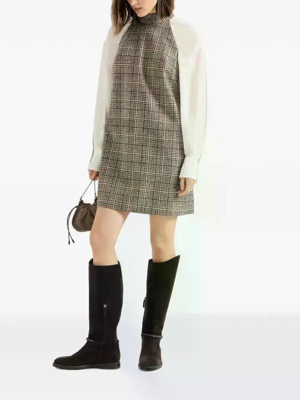 Brunello Cucinelli Checked Alpaca And Wool Dress With Monili
