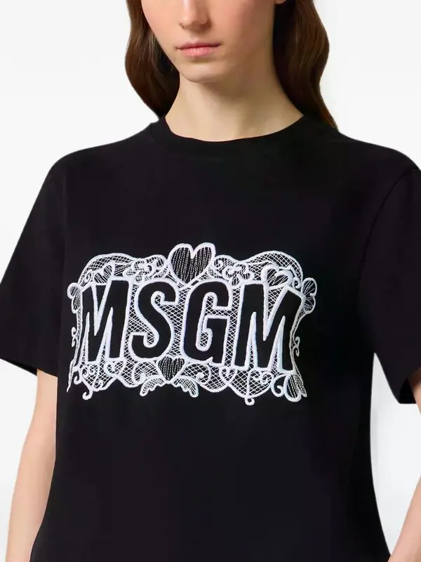 MSGM Logo-embroidered Lace-detail T-shirt