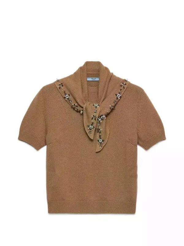 Prada Short-sleeved Cashmere Sweater With Scarf - Brown