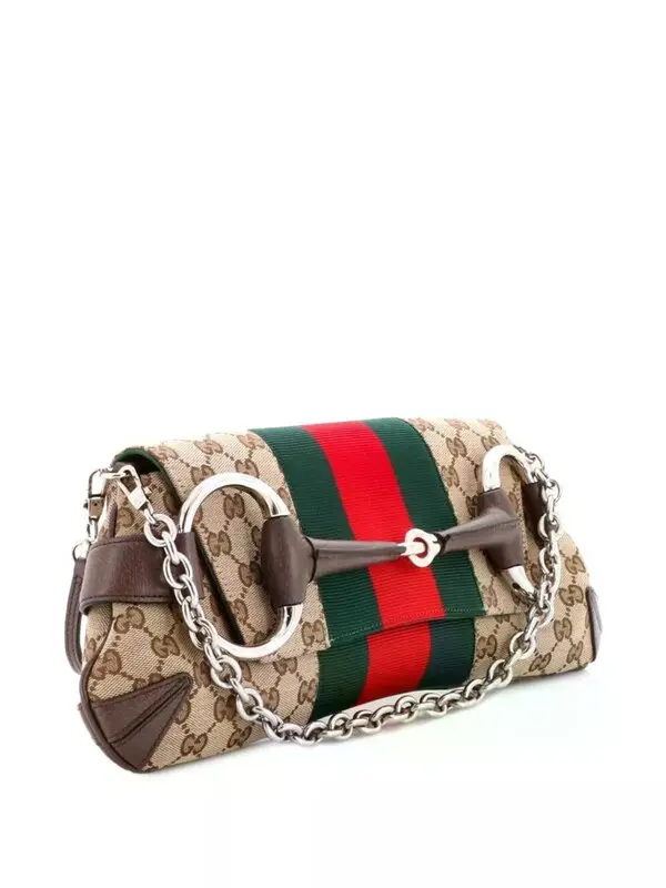 Gucci Horsebit Nm Web Chain Clutch Gg Canvas Medium Shoulder Bag - Brown