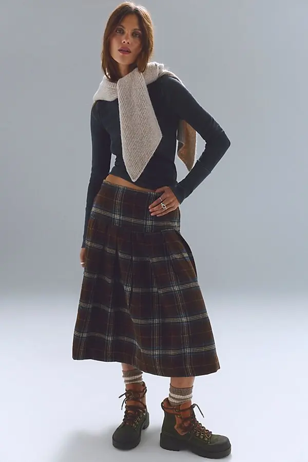 We The Free Skipper Pleated Plaid Midi Skirt - Chocolate Combo