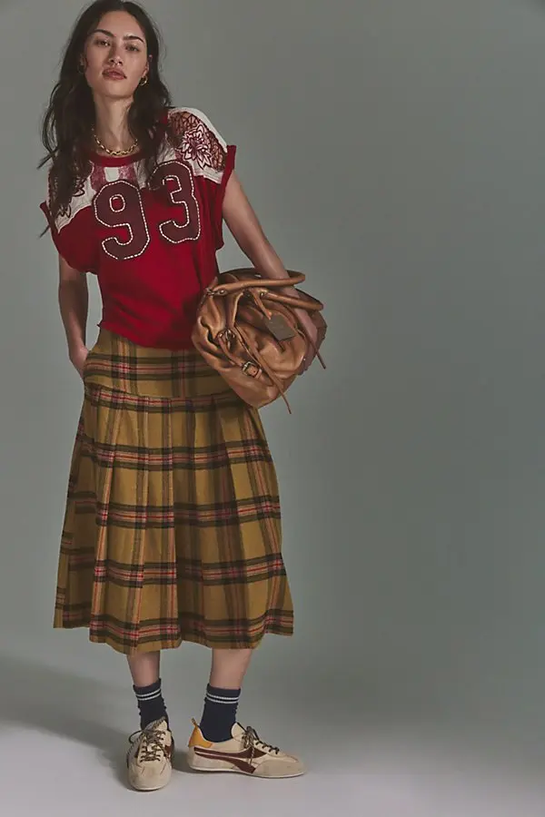 We The Free Skipper Pleated Plaid Midi Skirt At - Mustard Combo