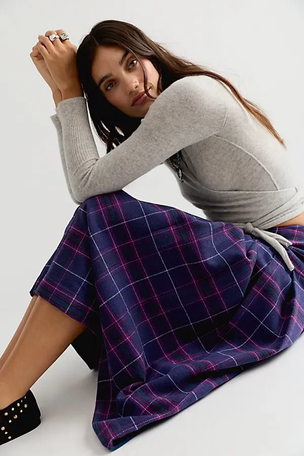 We The Free Skipper Pleated Plaid Midi Skirt - Navy Combo