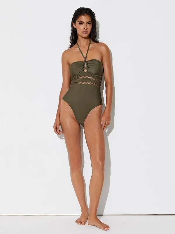REISS Shimmer Lattice-trim Bandeau Swimsuit