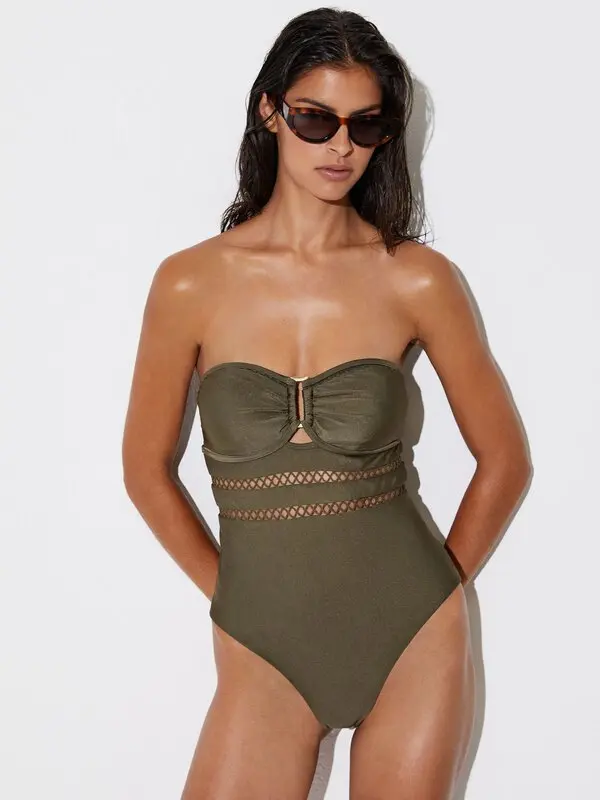 REISS Shimmer Lattice-trim Bandeau Swimsuit