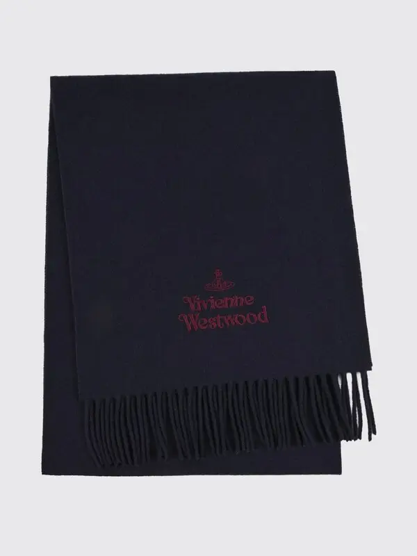 VIVIENNE WESTWOOD Wool Scarf With Contrast Logo And Fringes - Blue
