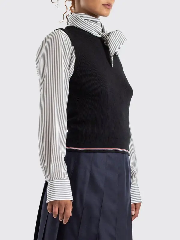 Thom Browne Slim Fit Ribbed Wool Knit Top With Contrasting 4-bar Detail - Black