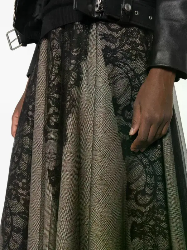 QUETSCHE Lace-overlay Checked Maxi Skirt