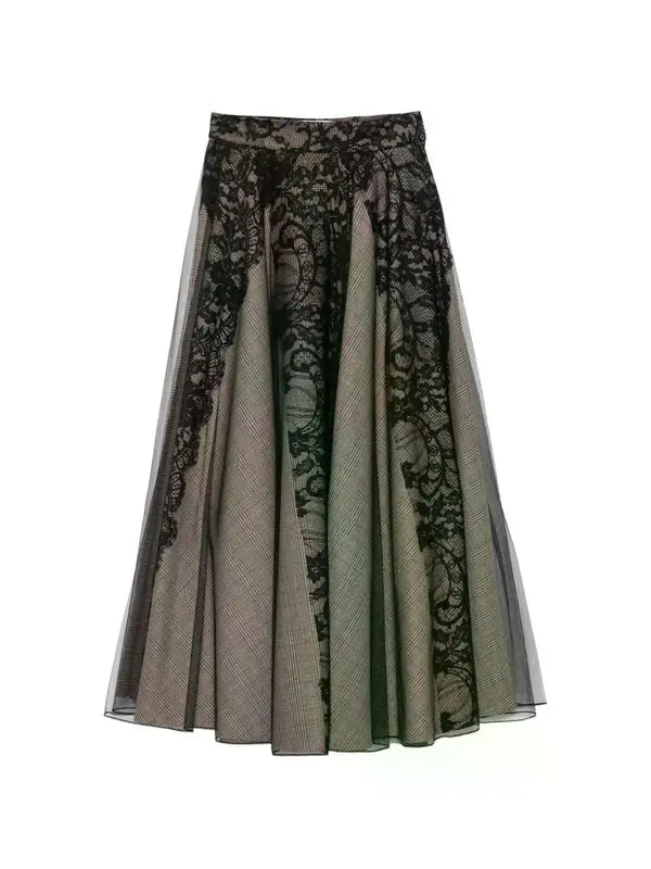 QUETSCHE Lace Overlay Checked Maxi Skirt - Neutrals