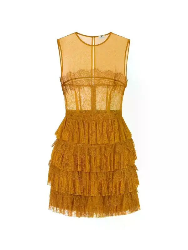 Elisabetta Franchi Mini Dress In Crepon And Floral Lace - Yellow