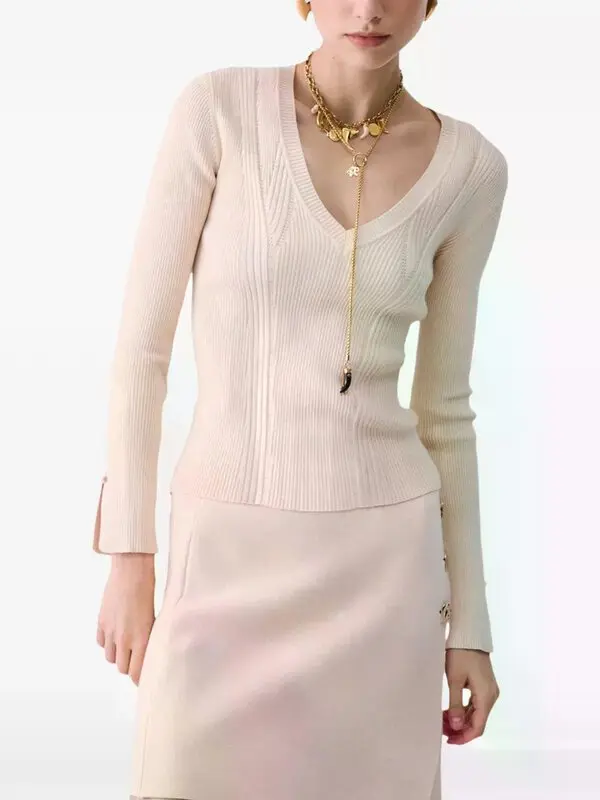 Liu Jo V-neck Rib-knit Jumper With Back Cut-out Detail - Neutrals