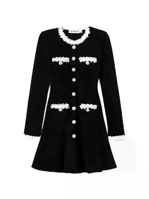 SELF-PORTRAIT Flower-trim Chenille-knit Mini Dress - Black