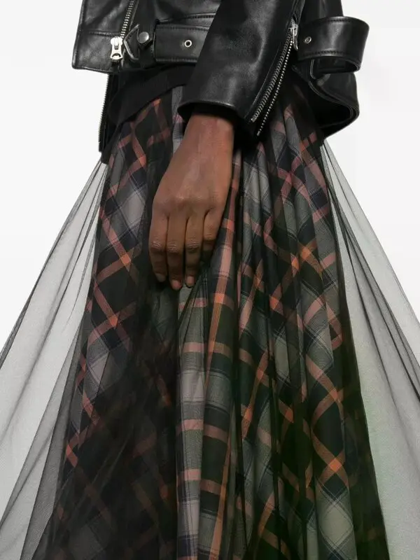 QUETSCHE Tulle Overlay Check-pattern Maxi Skirt