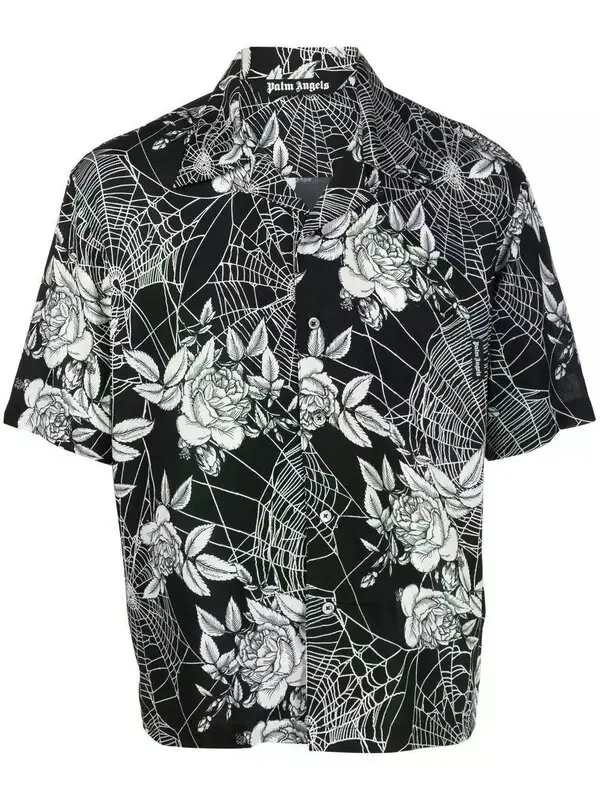 Palm Angels Floral-print Short-sleeve Shirt - Black