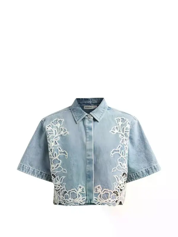 Simkhai Albaine Embroidered Denim Cropped Shirt - Blue