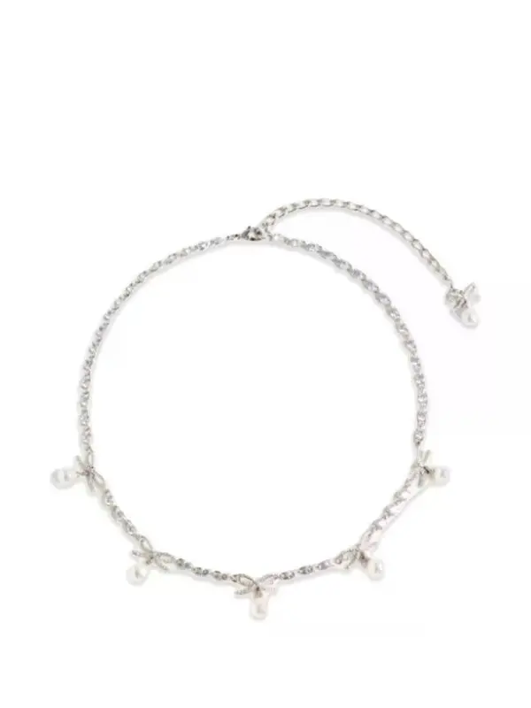 SELF-PORTRAIT Crystal-bow Pearl-charm Necklace - Silver