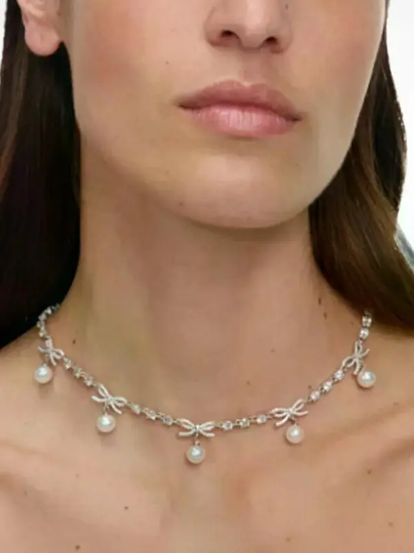 SELF-PORTRAIT Crystal-bow Pearl-charm Necklace