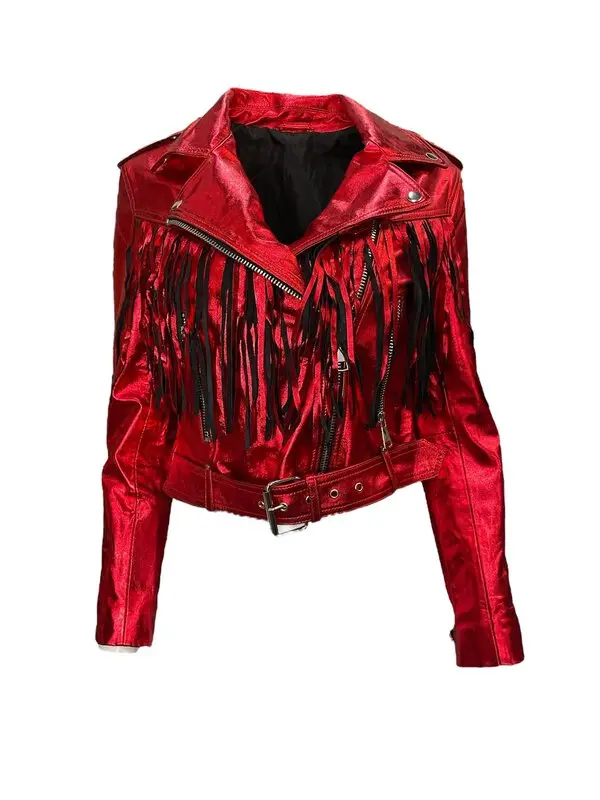 ANY OLD IRON Red / Silver Metallic Red Peril Leather Fringe Moto Jacket - Red/silver