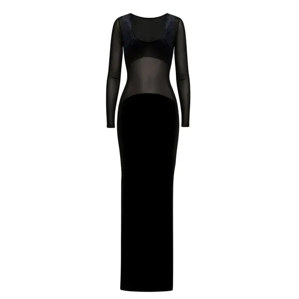 MODA GLAM Velvet & Sheer Mesh Maxi Gown