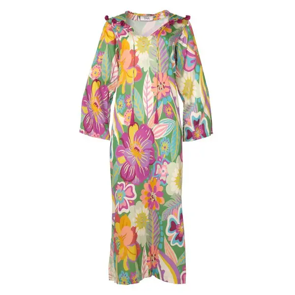 TIGER AND THE MONKEY The Marie-claude Floral Cotton & Upcycled Silk Kaftan Dress - Green