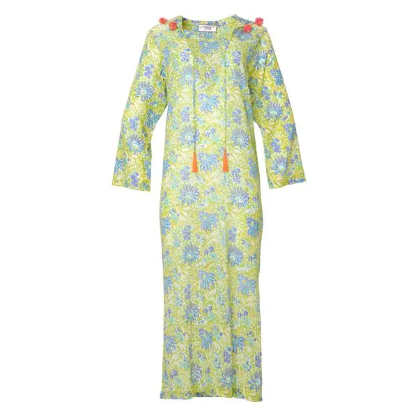 TIGER AND THE MONKEY Floral Cotton Kaftan Dress With Pom-pom Trim - Green/orange/yellow