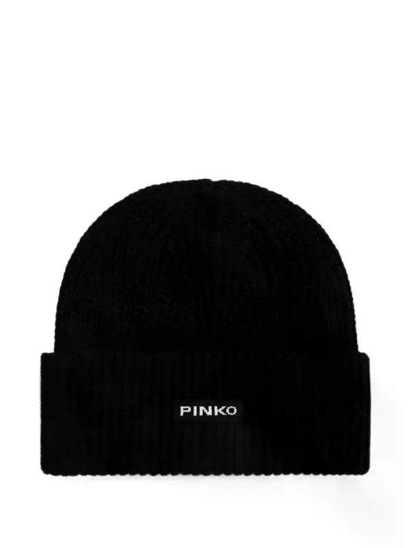 Pinko Logo-patch Ribbed-knit Beanie Hat - Black