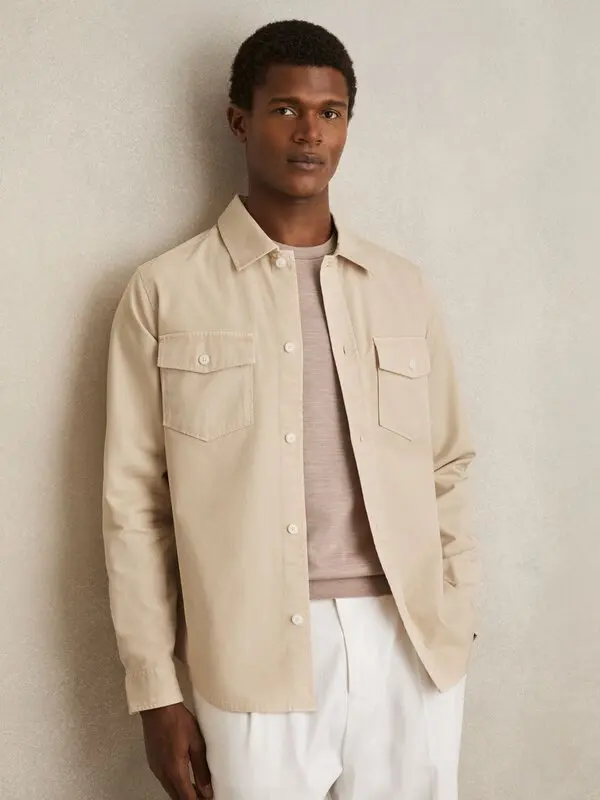 REISS Cotton Twill Twin Pocket Overshirt With Stretch - Stone