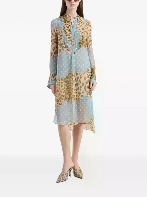 Nina Ricci Leopard And Polka-dot Print Shirt Midi Dress - Blue