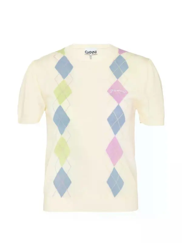 GANNI Argyle-knit T-shirt - Neutrals