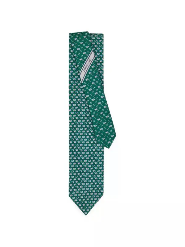 FERRAGAMO Elephant Print Silk Tie - Green