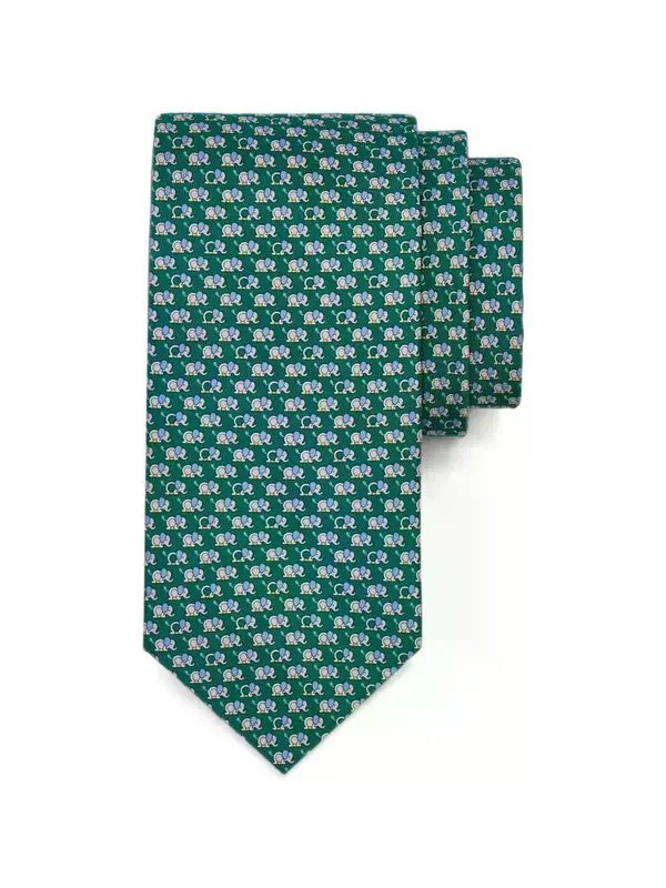FERRAGAMO Elephant Print Silk Tie - Green