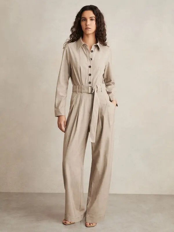 REISS Tailored Wide Leg Jumpsuit - Neutral