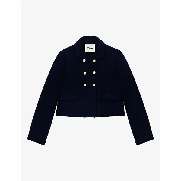 Maje Double-breasted Cropped Tweed Jacket - Navy