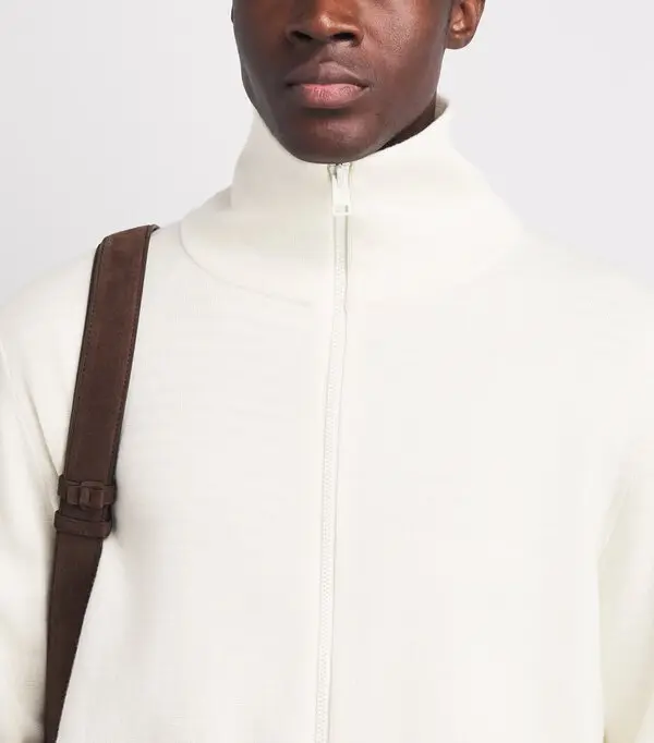 Sandro Wool Zip-up Cardigan With Funnel Neck - Beige