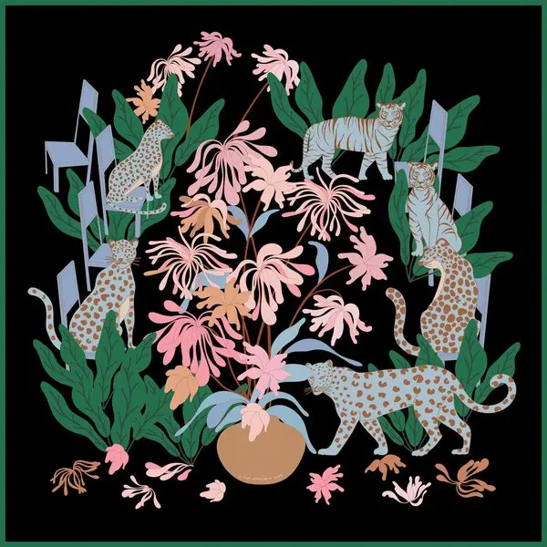 JESSIE ZHAO NEW YORK Double Sided Silk Scarf Night Jungle Gathering - Black