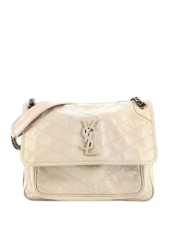 Saint Laurent Niki Chain Flap Bag Matelassé Chevron Leather Medium Shoulder Bag - Neutrals