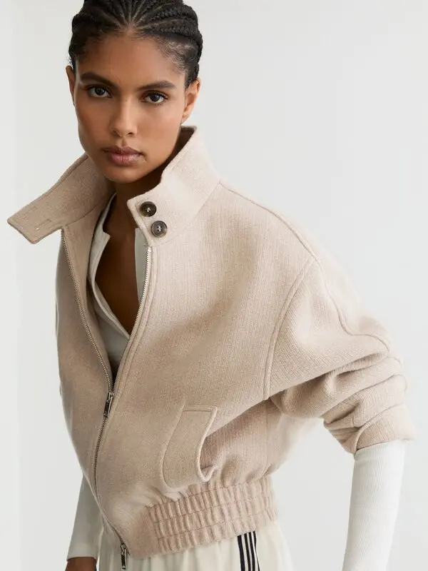 REISS Wool Funnel-neck Bomber Coat - Neutral