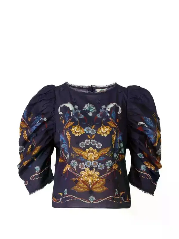 Farm Rio Golden Nature Floral-print Puff-sleeve Top - Blue