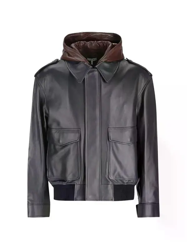 Loewe Hooded Layered Leather Jacket - Grey
