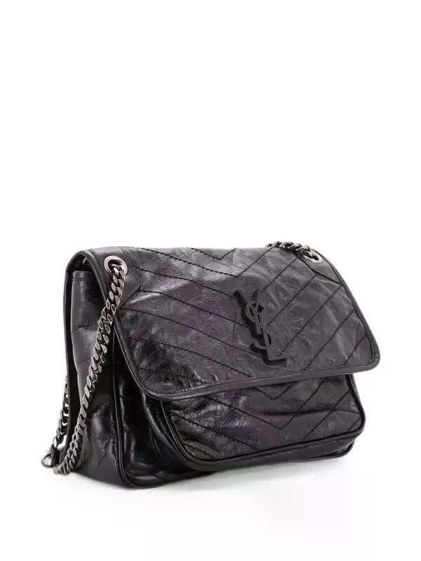 Saint Laurent Niki Chain Flap Bag Matelassé Chevron Leather Medium Shoulder Bag - Black