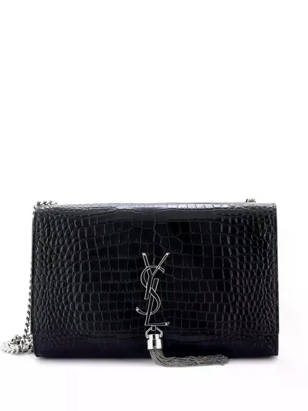 Saint Laurent Monogram Tassel Crocodile Embossed Leather Crossbody Bag - Black