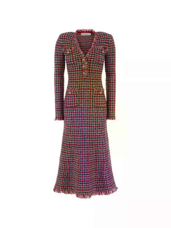 SELF-PORTRAIT Check-knit Frayed Midi Dress - Red