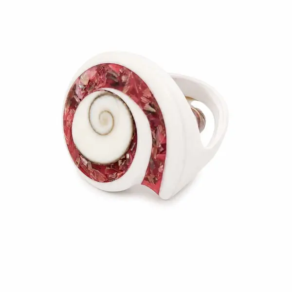 BELLUS DOMINA Red / White / Brown Red & White Seashell Spiral Ring - Red/white/brown